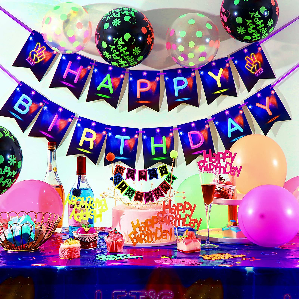 Zhanmai Glow Neon Party Supplies Glow in the Dark Birthday Party Decorations Include Fluorescent Balloons Neon Banner Tablecloth Blacklight Reactive Hanging Stars Cake Toppers for Neon Party