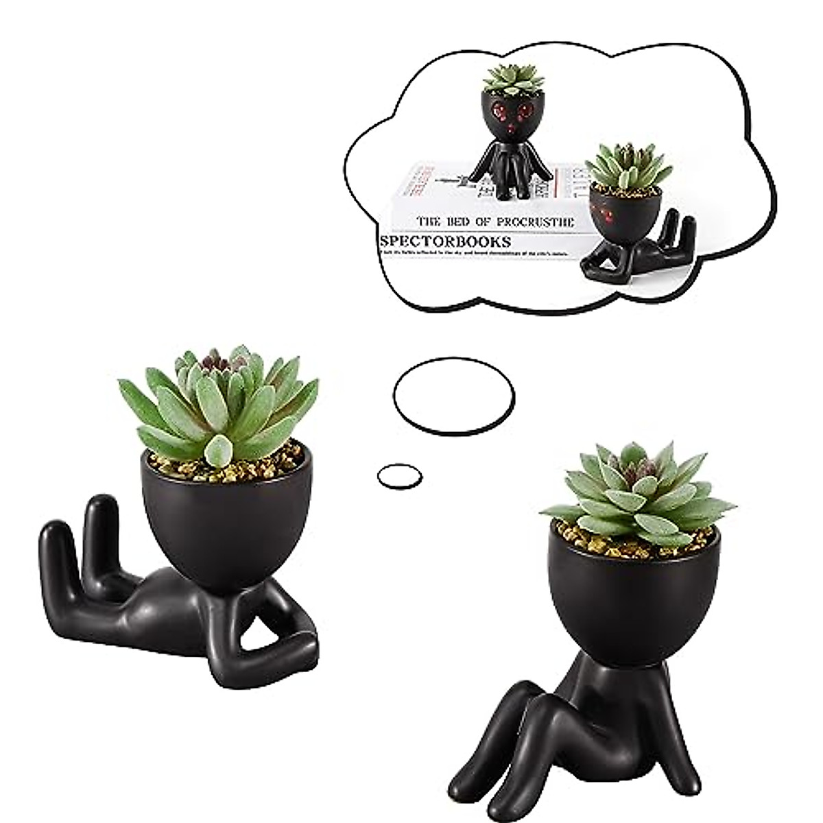 Yastouay 2 Pack Fake Succulents Plants Artificial Succulents Cute Faux Succulents in Black Human Shaped Pots Office Desk Decor for Women