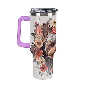 WYUSPGK 40oz Stainless Steel Car Mug, Yorkie Floral Print Travel Mug, Double-Wall Insulated with Straw, Perfect for Car, Office, Outdoor
