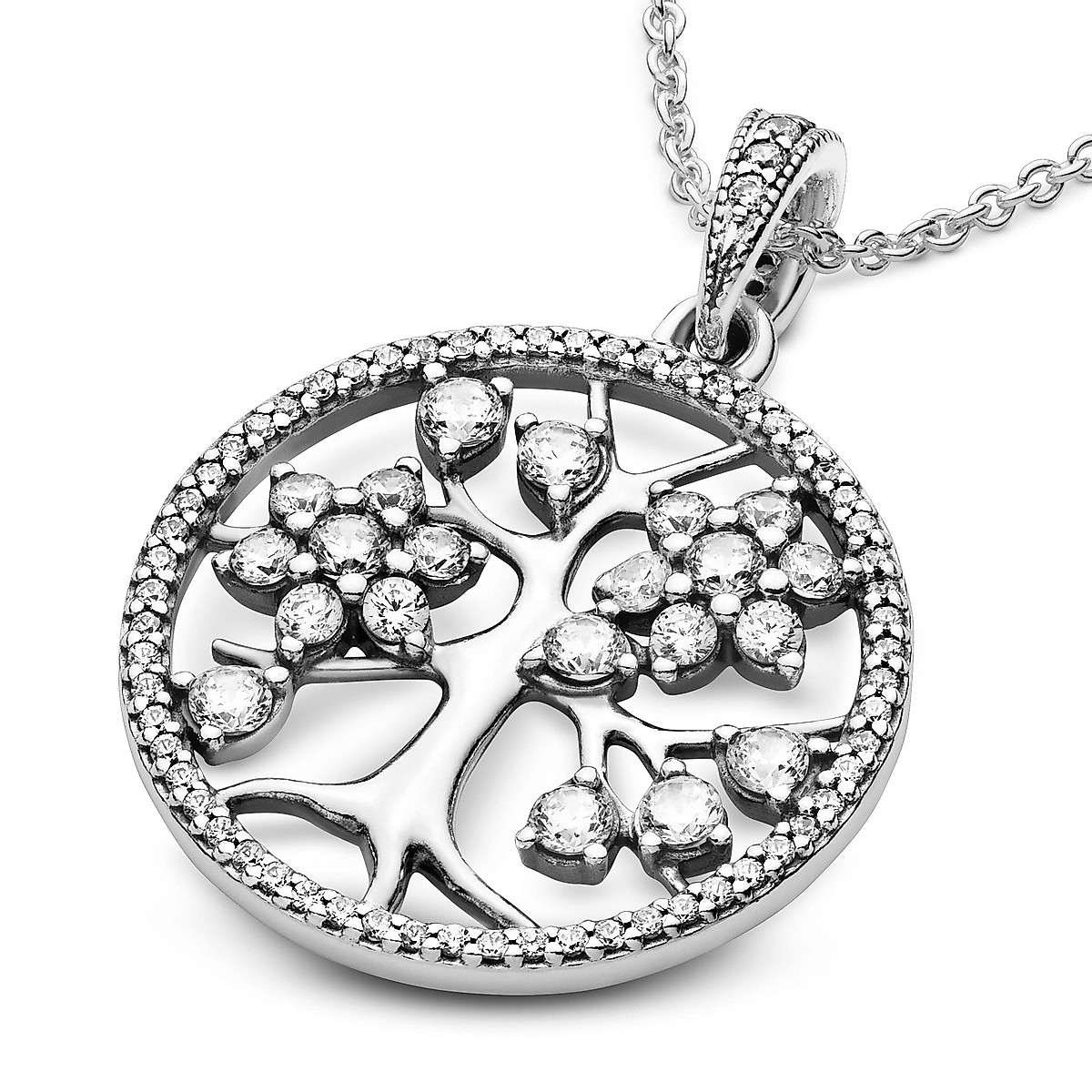 Pandora Jewelry Family Tree Hearts Cubic Zirconia Necklace in Sterling Silver, 31.5"