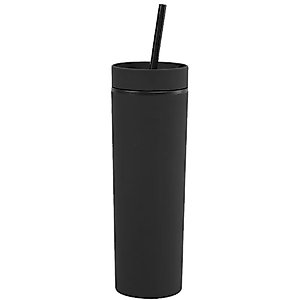 momocici Matte Skinny Tumblers Bulk.16oz Pastel Colored Skinny Tumblers with Lids and Straws.Double Walled Plastic Acrylic Smoothie Tea Iced Coffee Tumbler Cups.Slim Black Tumbler Set.(Black)