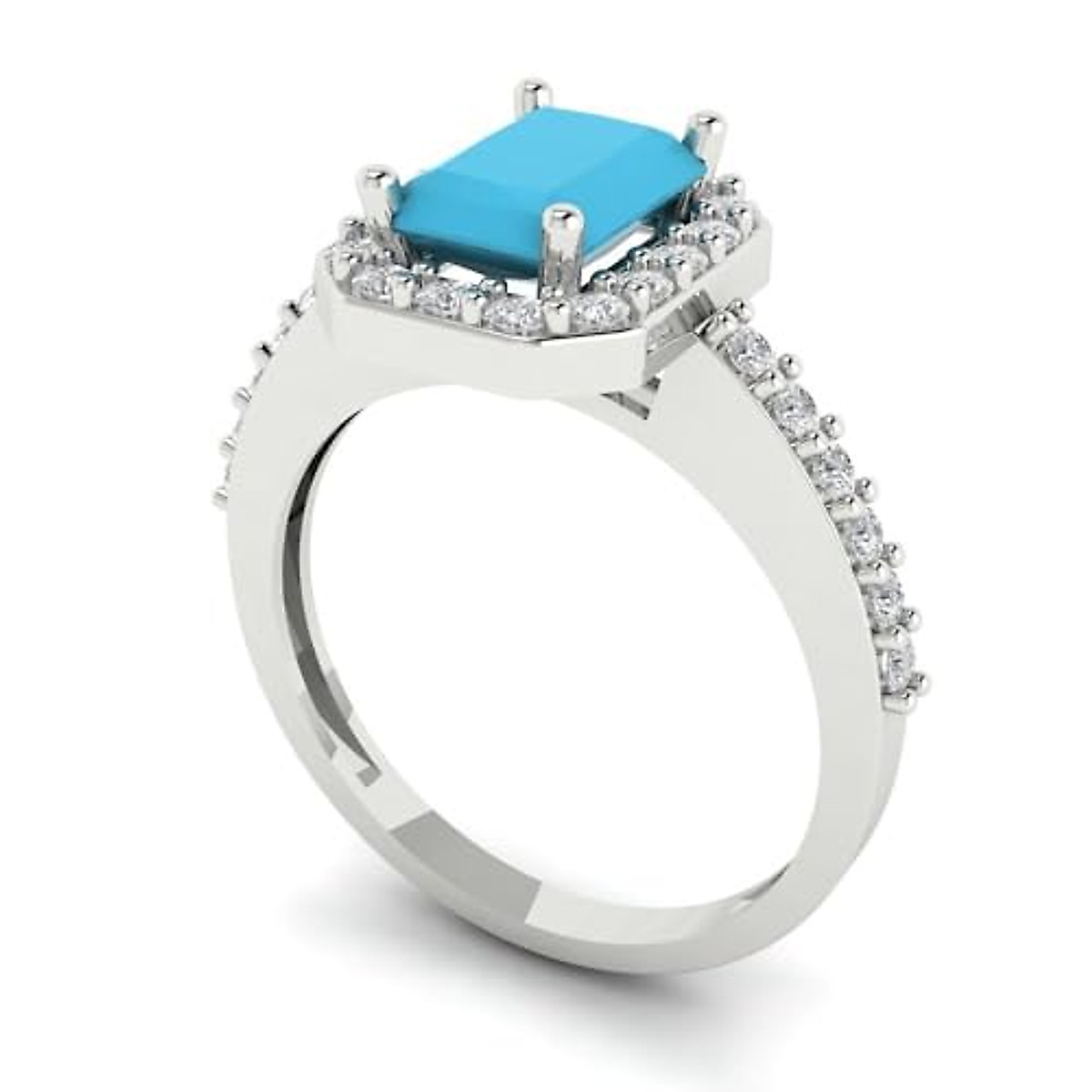 Clara Pucci 2.07 ct Emerald Cut Solitaire Halo Genuine Simulated Turquoise Engagement Promise Anniversary Bridal Ring 18K White Gold 10.5