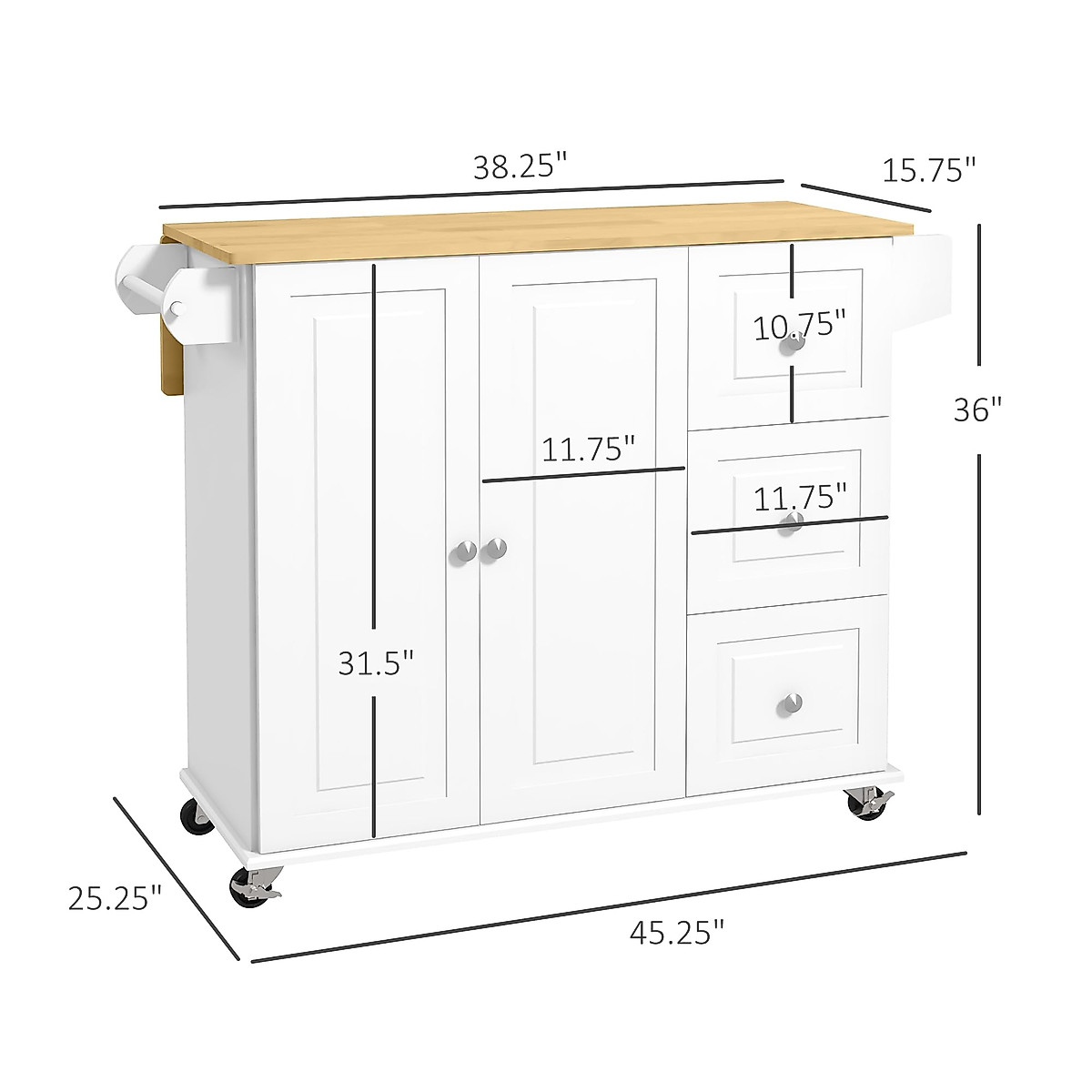 HOMCOM Kitchen Island with Drop Leaf, Rolling Kitchen Cart on Wheels with 3 Drawers, Cabinet, Natural Wood Top, Spice Rack and Towel Rack, White