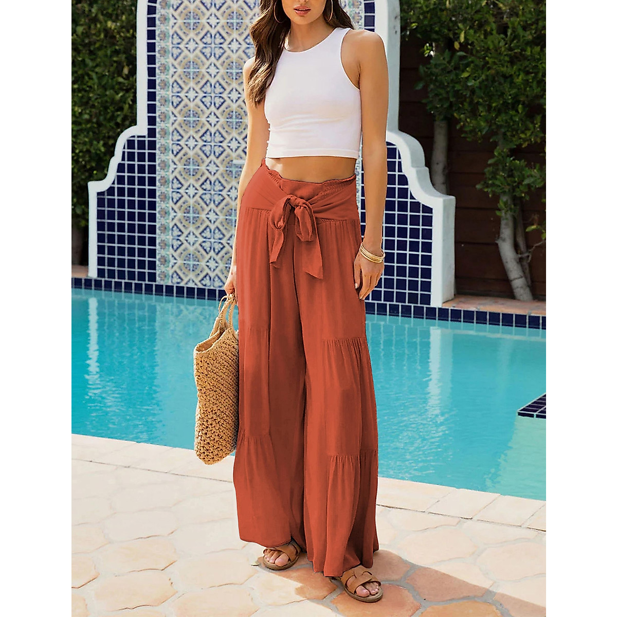 Xiaoxuemeng Women's Tiered Palazzo Pants Flowy Elastic High Waisted Wide Leg Beach Pants (Rust-XL)