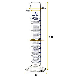 EISCO Graduated Cylinder, 500mL - ASTM, Class A Tolerance ±2.00mL - Protective Collar, Hexagonal Base - Blue Graduations - Borosilicate 3.3 Glass