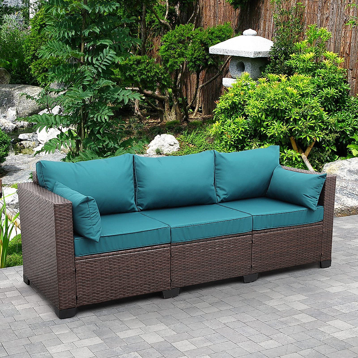 Valita 3-Seat Patio PE Wicker Couch Furniture Outdoor Brown Rattan Sofa with Washable Peacock Blue Cushions