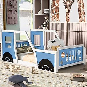 Kids Floor Bed Twin Size Platform Bed with Car-Shaped and Wheels, Wooden Twin Bed Frames with Doors and Windows, Twin Car Bed with Slat Support for Kids Boys Girls, No Box Spring Needed,Blue