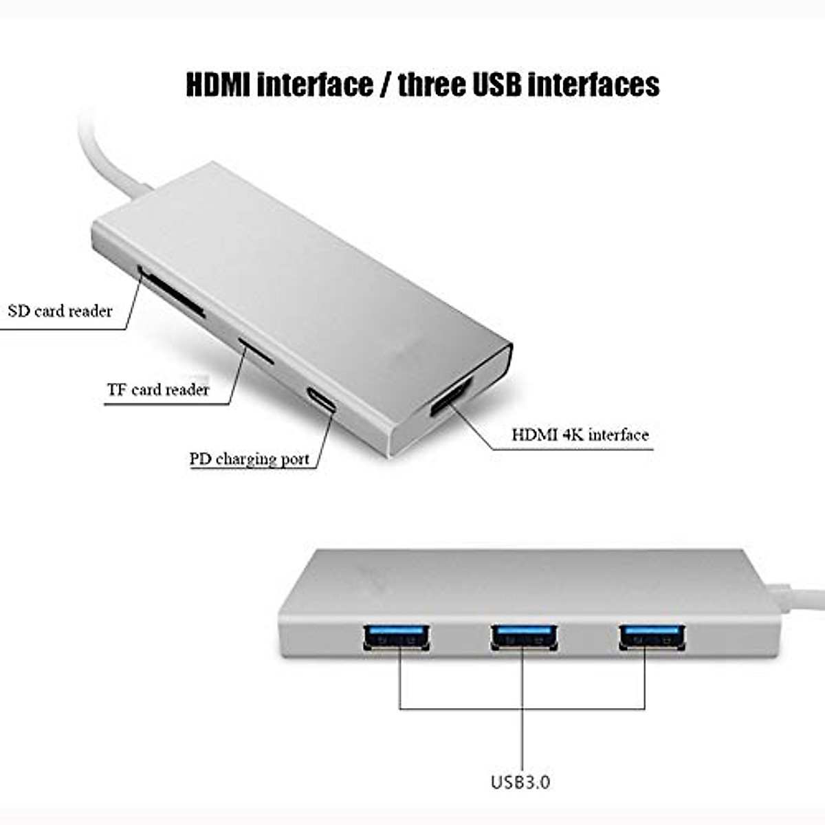 XUNMAIFHB Portable Docking Station,Type-c to hdmi Converter 4K Docking Station USB3.0 Converter Seven in one HUB Type C (only Charg) + USB3.0 3 + HDMI + TF + SD Fast Transmission