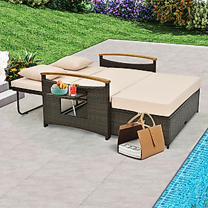 Tangkula Patio Rattan Daybed Set with Cushioned Loveseat and Storage Ottoman, Outdoor Double Chaise Lounger with 4-Level Adjustable Backrest and Retractable Side Trays for Backyard (Beige)