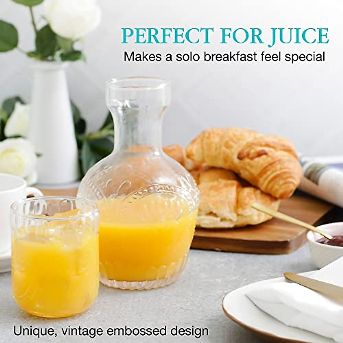 Bedside Water Carafe and Glass Set Vintage Nightstand Glass Carafe with cup to keep you hydrated during the night or popular mouthwash decanter or small water carafe.