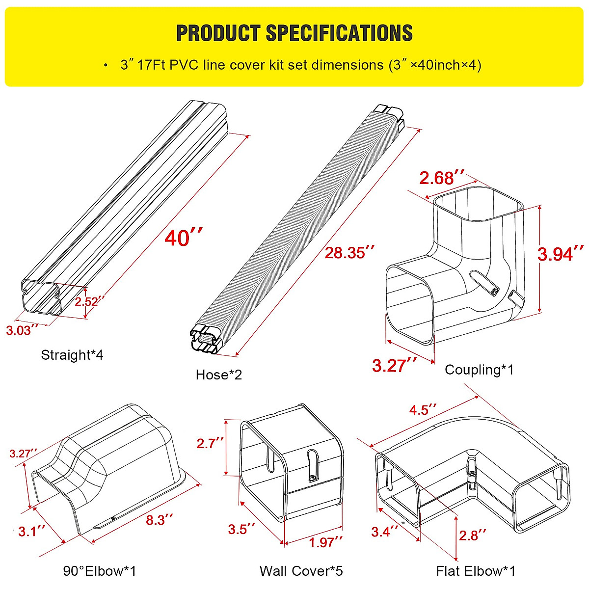 DWALE 3" 17Ft PVC Decorative Line Set Cover Kit, Mini Split line Set Cover,for Ductless Mini Split Air Conditioner and Central AC and Heat Pumps