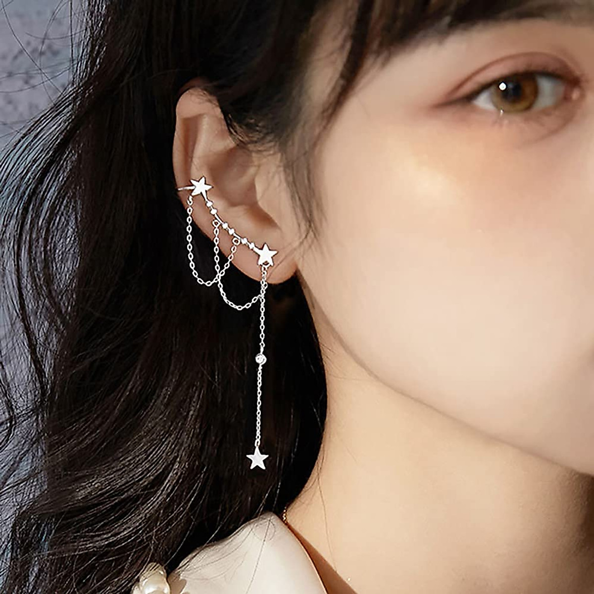 Reffeer Solid 925 Sterling Silver Star Cuff Earrings Chain Dangle for Women Star Wrap Earrings Crawler (A-Silver)