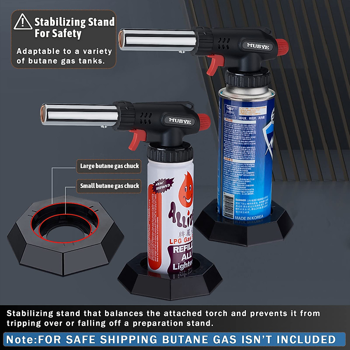 Butane Torch Kitchen Blow Lighter, Upgrade Culinary Torches Head with Stabilizing Stand, Professional Adjustable Flame for Creme Brulee,Baking,BBQ (Fits ALL Butane Tanks - Butane Fuel Not Included)