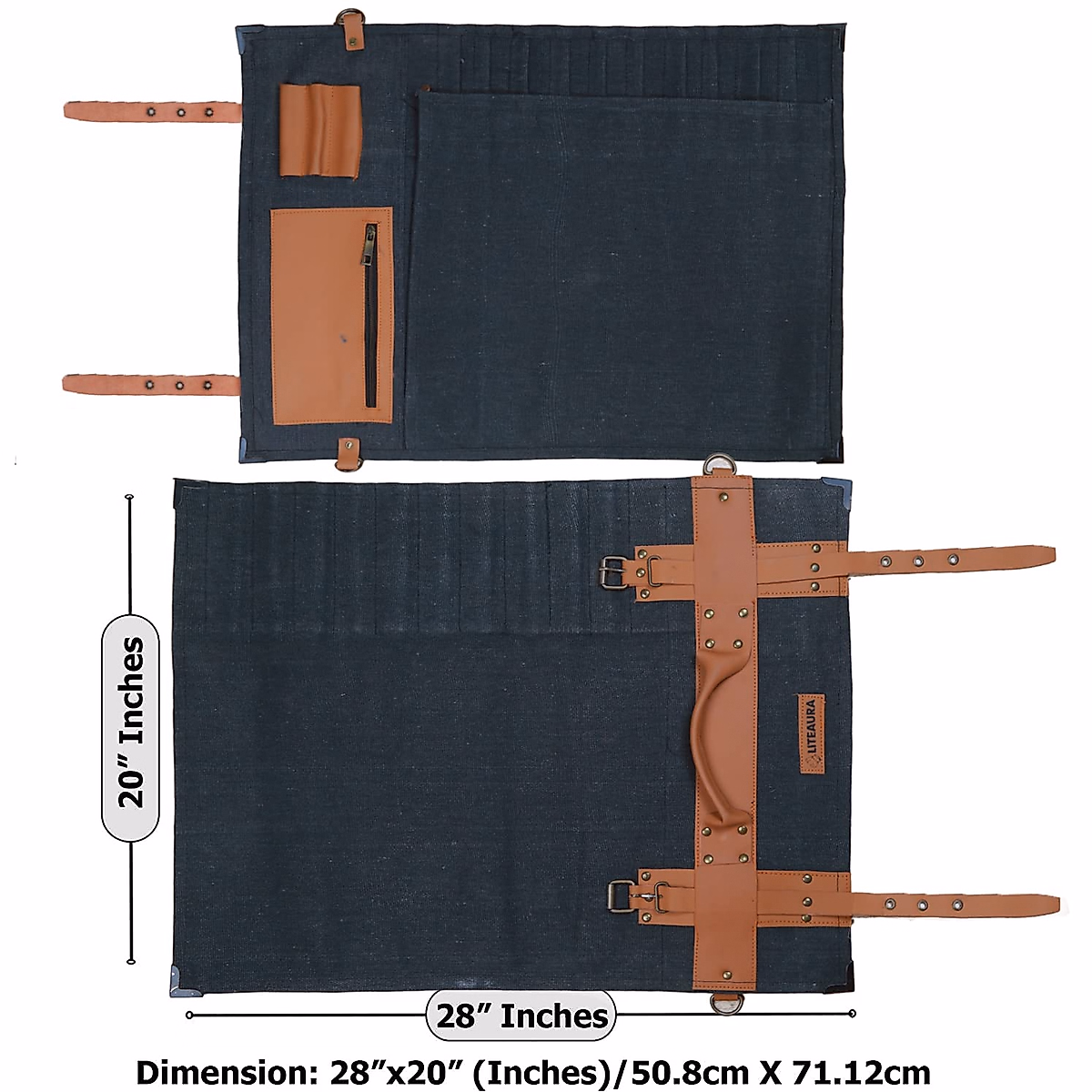 Chef knife roll bag large | stores 10 knives, 3 kitchen utensils Plus leather zipper pouch size open: 28" x 20" | waxed canvas knife carrier | easily carried shoulder strap professional chefs