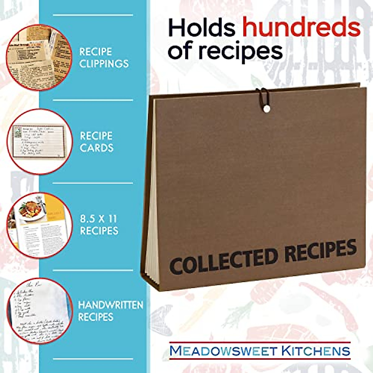 Meadowsweet Kitchens File Organizer for Recipes - Expanding Recipe File Folder Organizer with Dividers, Accordion Style Organizer for Recipe Cards, Clippings, Full Size Recipes - Brown & Metallic