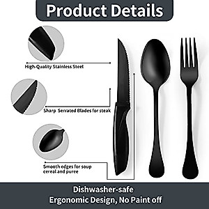HAPPY KIT High Carbon Steak Knives with Black Silverware Set for 4, Stainless Steel Spoons and Forks Set Black Dish Utensil Set for Home and Restaurant, Forks and Spoons Silverware Set of 24