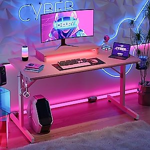 Bestier Small Gaming Desk with Monitor Stand, 42 inch LED Computer Desk, Gamer Workstation with Cup Holder & Headset Hooks, Modern Simple Style Desk for Home Office, Carbon Fiber Pink