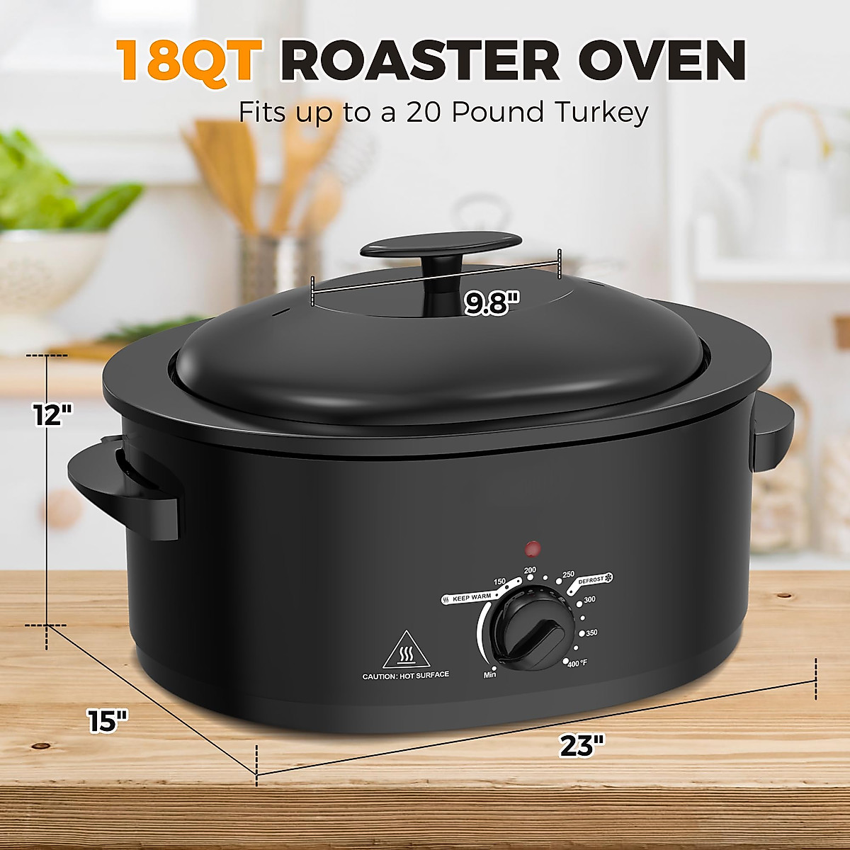 8 QT Electric Roaster Oven with Self-Basting Lid, Turkey Roaster Oven with Defrost Warm Function, Removable Pan and Rack, Black