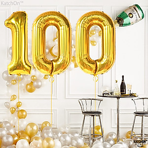 KatchOn, Gold 100 Balloon Number - 40 Inch | Gold 100 Balloons, 100th Birthday Decorations | 100K Balloons for Social Media | 100th Birthday Balloons | Gold 100 Birthday Party Supplies