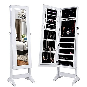 Lockable Jewelry Armoire Large Jewelry Cabinet with Standing Mirror Jewelry Holder Organizer Storage, 4 Angle Adjustable (White)