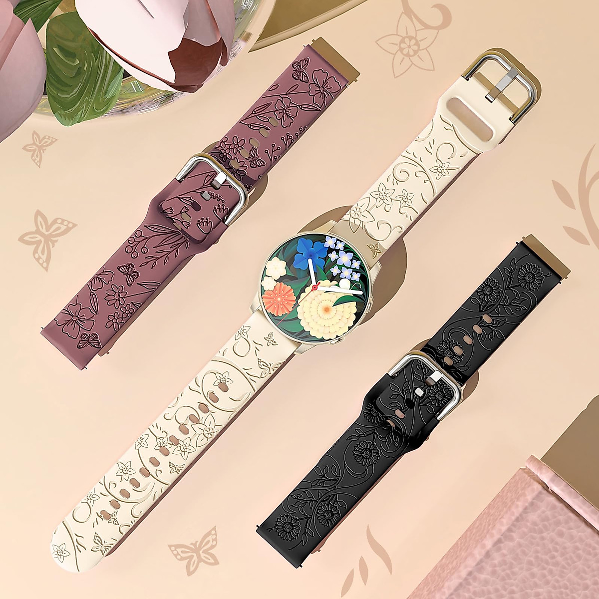 3 Pack Flower Engraved Bands Compatible with Samsung Galaxy Watch 7 6 5 4 FE Active 2 40mm 44mm,Watch 6 4 Classic 42mm 43mm 46mm 47mm,5 Pro 45mm,Watch 3 41mm,20mm Women Silicone Replacement Sport Band