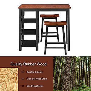 PETSITE 3 Piece Bar Table Set, Counter Height Kitchen Dining Room Table with Stools and Storage Shelves, Small Breakfast Coffee Pub Table and Chairs Set of 2