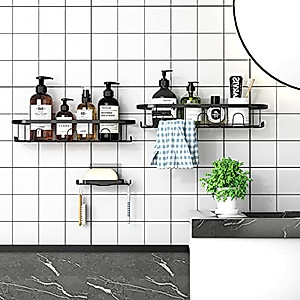 Meibeidor Shower Caddy Shelf Rack 3-Pack,No Drilling Adhesive Shower Shelves Inside Shower, Stainless Steel Shower Storage Accessories with 4 Hooks& Soap Holder, Wall Mount Organizer Black