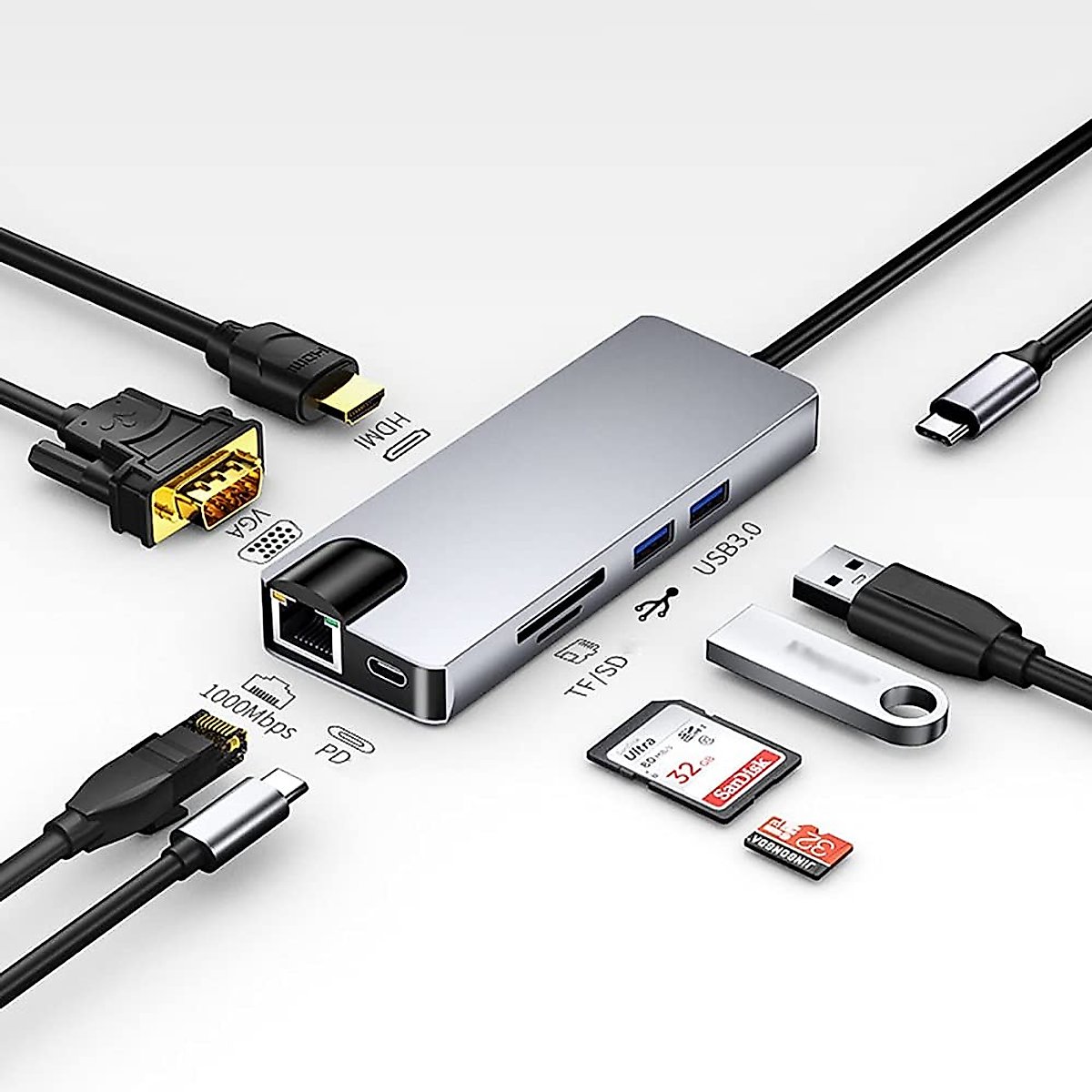Port Expander 8-in-1 USB C Adapter for USB C Laptop USB C Hub to 4K HDMI, VGA, 2 USB 3.0 Ports, PD Charger, SD/TF Card Reader, Ethernet USB Splitter