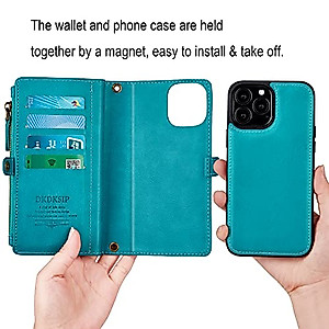 DKDKSIP for iPhone 13 Pro Max Wallet Case (6.7 inch), [RFID Blocking] Multi-Function 2 in 1 Detachable Magnetic Case, PU Leather with Crossbody Strap Zipper 12 Card Holder, Dream Blue