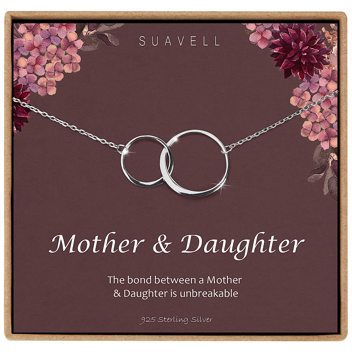Suavell Mother Daughter Necklace. Sterling Silver Necklace for Women. Mom Gifts. 2 Circle Necklace Pendant on Dainty Necklace Chain. Minimalist Jewelry, Daughter Gift from Mom, Birthday (Maroon)