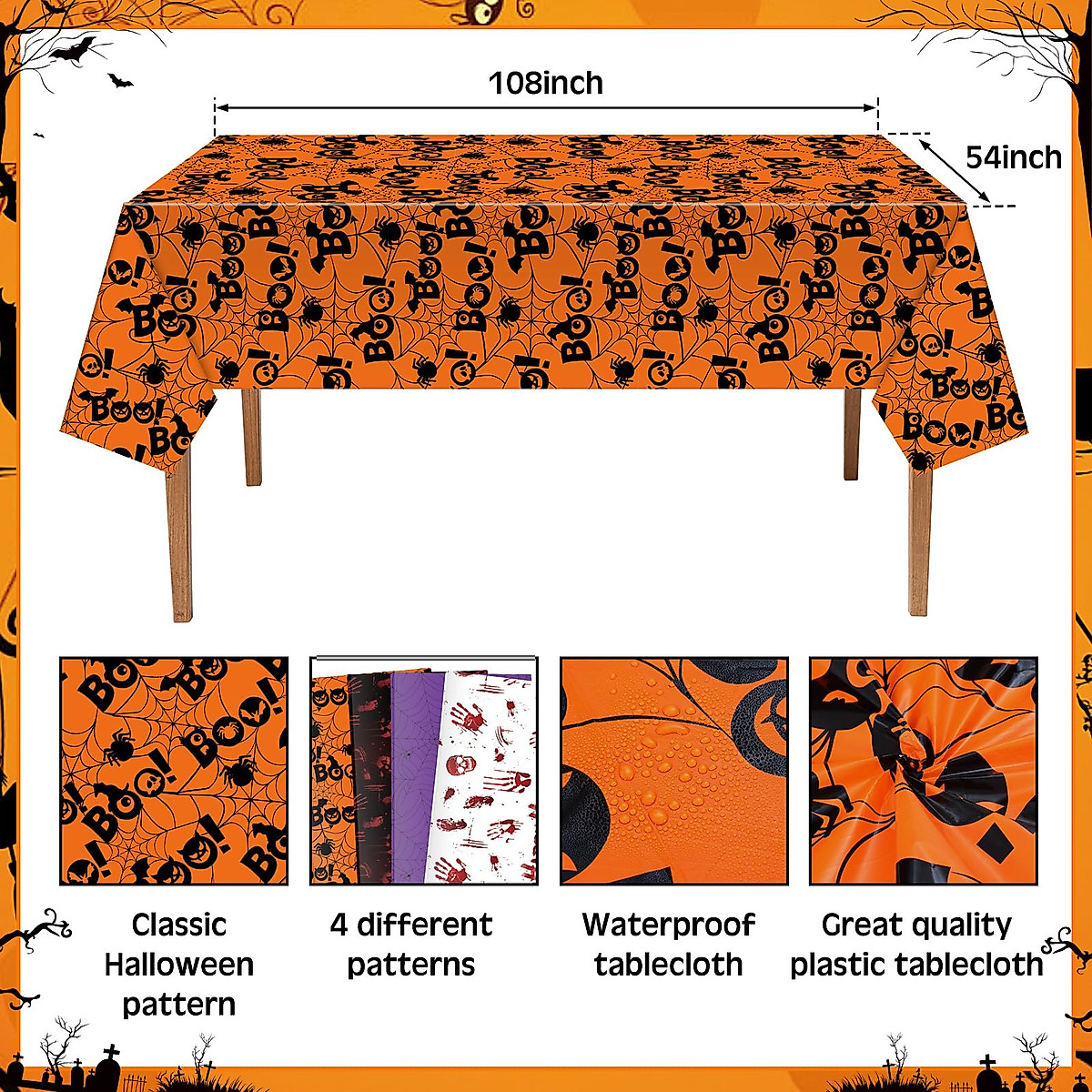 Shellwei 4 Pcs Plastic Tablecloth For Halloween Christmas Thanksgiving Day Tablecloth 54" x 108" Waterproof Table Cover Disposable Banquet Table Cloth for Indoor Outside Home Party (Halloween)