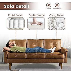 ovios Luxury 3 Seater Sofa with Faux Leather,Mid-Century Modern Couch with Comfortable Armrest,Comfy Couches with Deep Seat,Small Sofas for Living Room Bedroom (Light Brown)