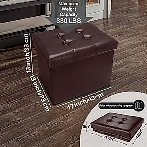 AmasSmile® Storage Ottoman Folding Foot Rest Stool, 17 inch Leather Footstool Bench, Short Ottoman Stool, Storage Foot Rest Store, Books, Records Support 330 lbs, Brown