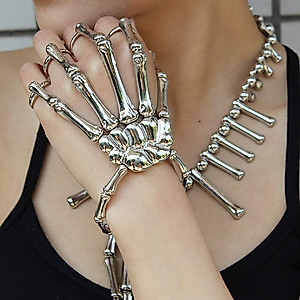 Men Women's Halloween Skull Skeleton Hand Bracelet With Ring (Silver)