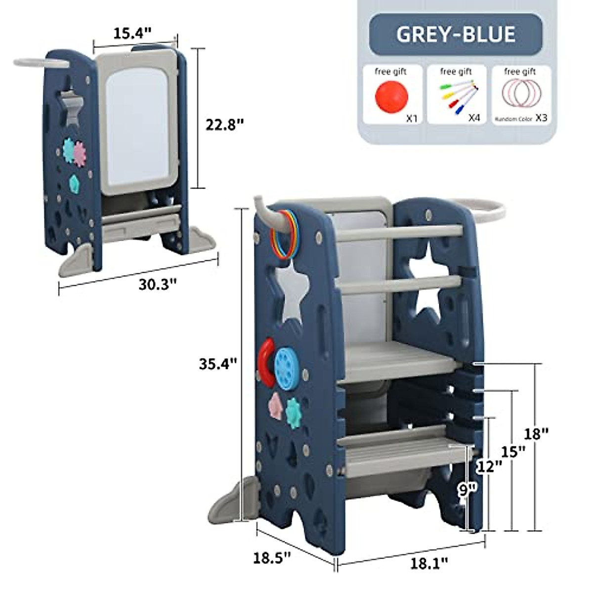 UNICOO –Kids Kitchen Step Stool with Double Safety Rails, Toddler Learning Stool with 3 Adjustable Heights and Non-Slip Foot Pads, Toddler Tower for Kitchen Countertop and Bathroom (OMLT-Dark Blue)