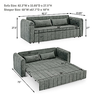CALABASH 82.3" Queen Pull Out Couch Bed, 3 in 1 Convertible Sleeper Sofa Bed, Velvet 3-Seater Pullout Couch with 2 Storage Drawers for Living Room, Apartment, Small Space (Grey)