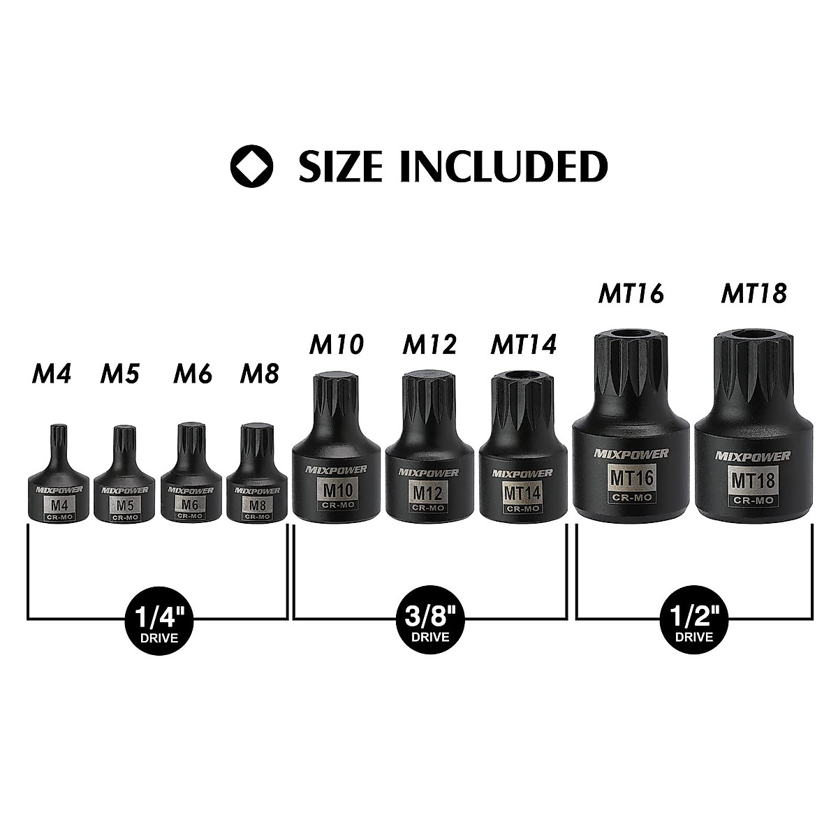 MIXPOWER Low Profile Impact Triple Square Bit Socket Set, Solid One Piece Construction, M4- M18, Chrome Molybdenum Steel, 9 Pieces Set