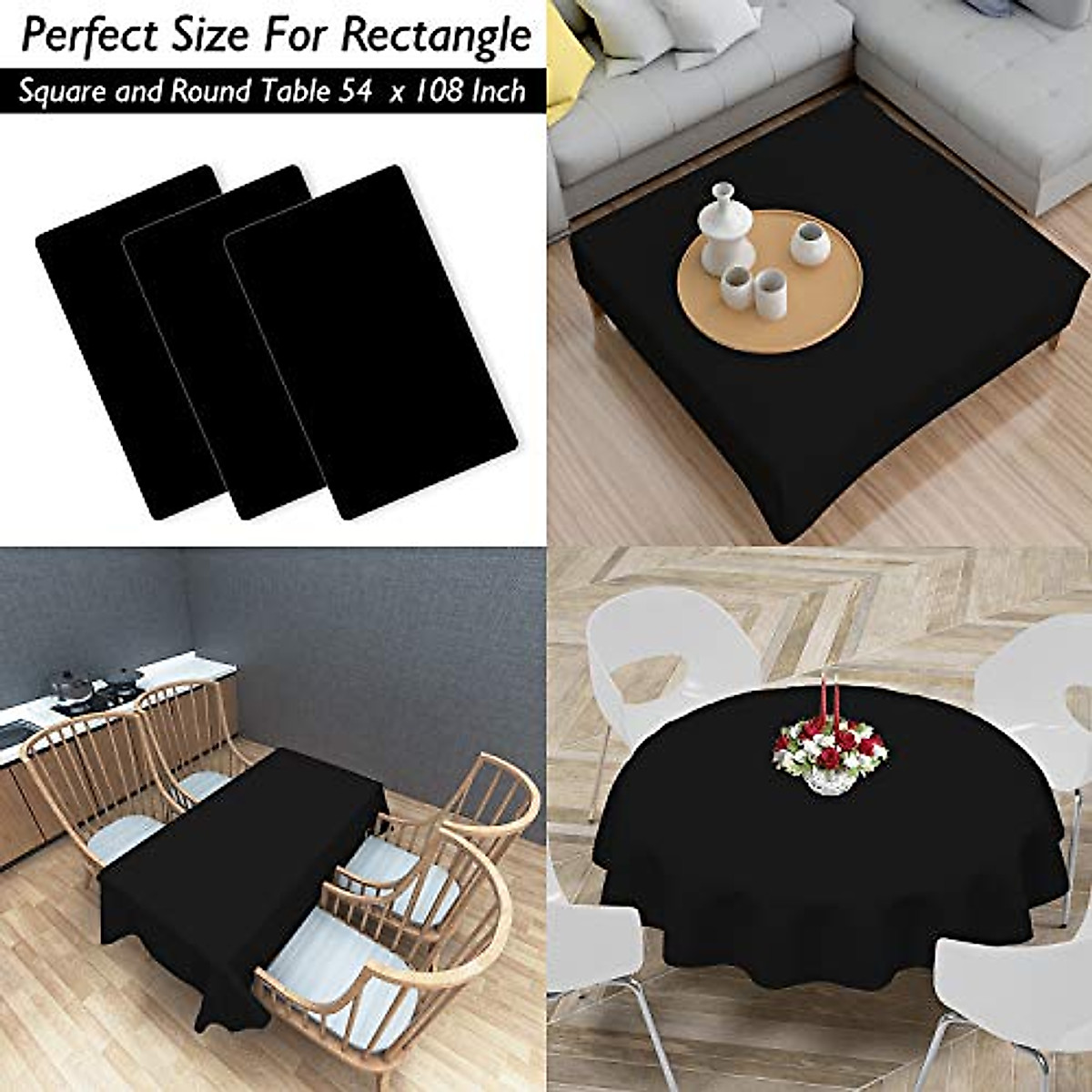 Plastic Tablecloths for Rectangle Tables 3 Pack 54" x 108" Party Table Cloths Disposable for 6 to 8 Foot Tables Indoor or Outdoor Parties Birthdays Weddings Christmas Anniversary Buffet Table (Black)