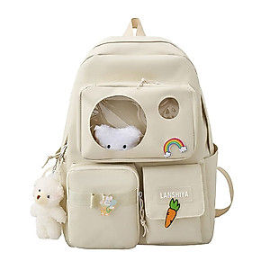 LaurelTree Kawaii Aesthetic Cute 5pcs School Bags Set with Accessories School Suppliers for Teens Girls Backpack Tote Bag (White)…
