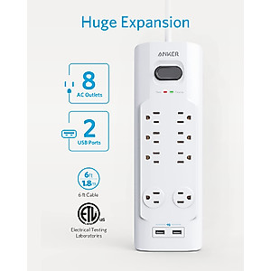 Anker Power Strip Surge Protector with USB, 6ft Extension Cord, 8 Outlets & 2 USB Ports with Flat Plug, PowerIQ for iPhone 14/13 Pro/13, Galaxy, for Home, Office, and More (1200 Joules)