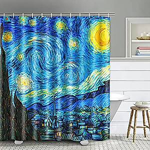 Ikfashoni 4 Pcs Starry Night Shower Curtain Set with Non-Slip Rugs, Toilet Lid Cover and Bath Mat, Van Gogh Abstract Art Shower Curtain with 12 Hooks, Blue Oil Painting Shower Curtains for Bathroom