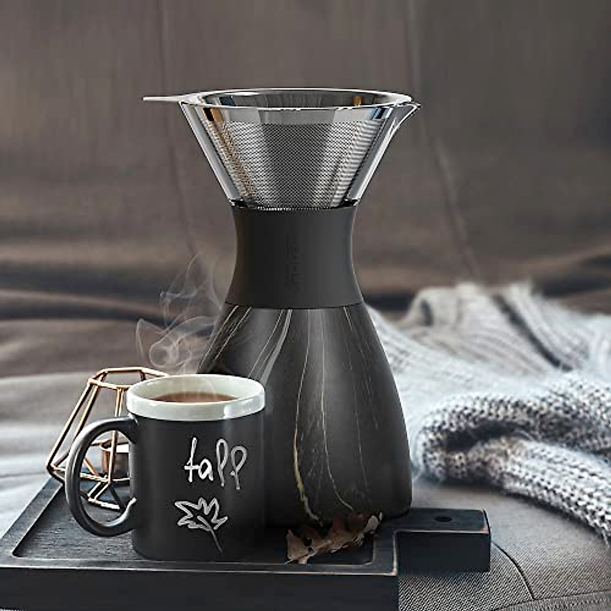 asobu Insulated Pour Over Coffee Maker (32 oz.) Double-Wall Vacuum, Stainless-Steel Filter and Take on the Go Carafe (Midnight Marble)