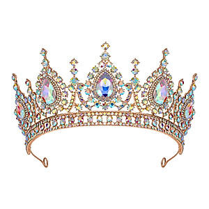 SWEETV Rose Gold Tiaras and Crowns for Women Iridescent Bridal Crown for Wedding Halloween Costume Hair Accessories for Photo Shoot Prom Birthday Party