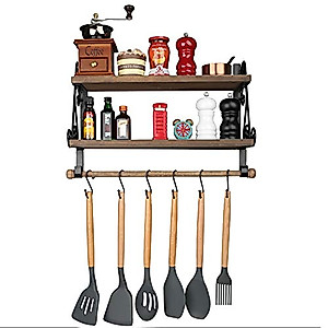 Hoanvi Floating Shelves with Towel Bar for Bathroom Décor Organizer, Wall Mount Shelves with 8 Hooks for Kitchen Spice Rack Storage, Wooden Wall Hanging Shelf for Bedroom, Living Room.(Rustic, 2-Tier)