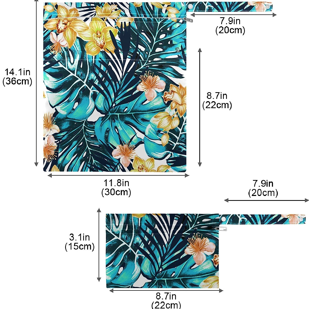 visesunny Blue Palm Leaf Flower Floral 2Pcs Wet Bag with Zippered Pockets Washable Reusable Roomy for Travel,Beach,Pool,Daycare,Stroller,Diapers,Dirty Gym Clothes, Wet Swimsuits, Toiletries