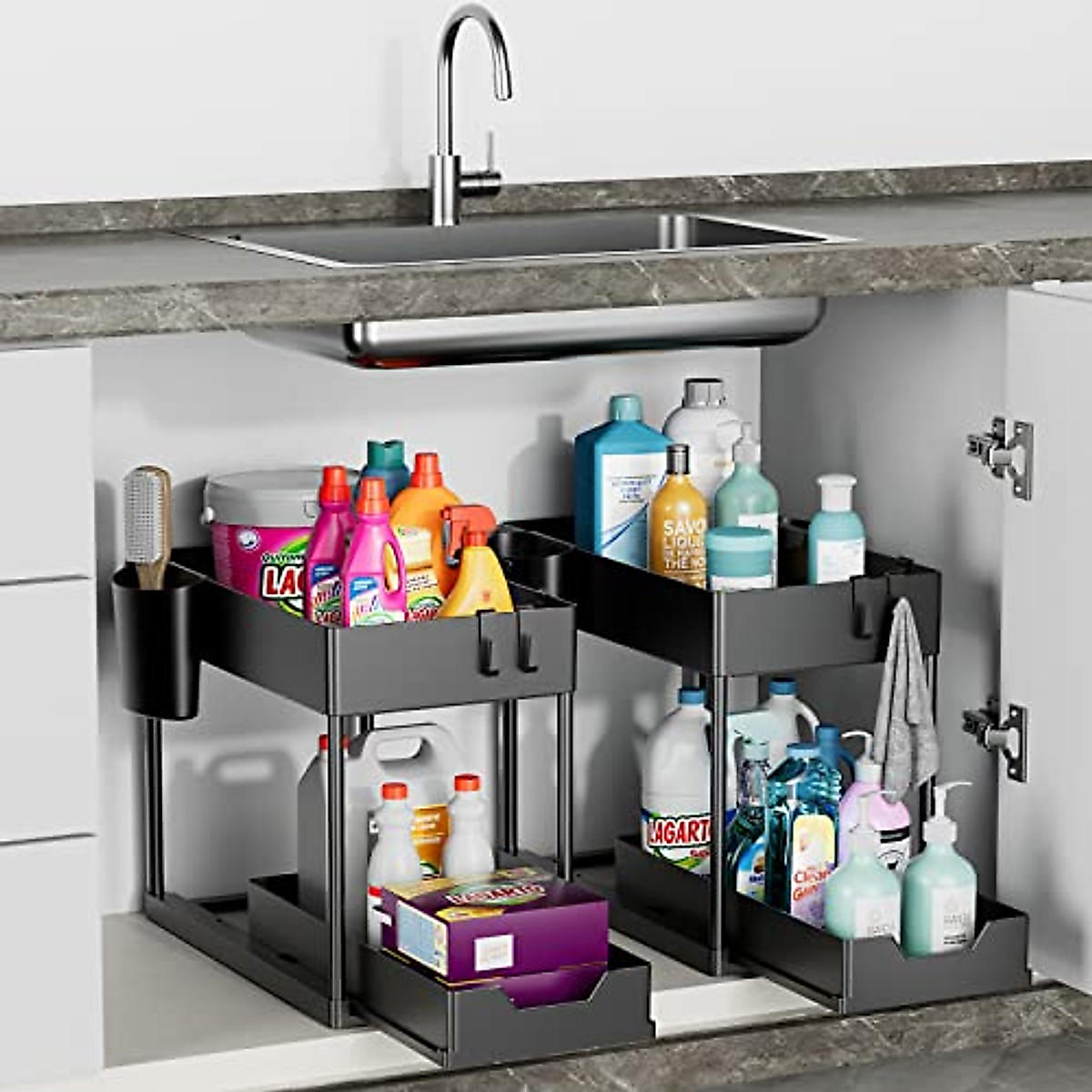 2Pcs Under Sink Organizers and Storage, Pull Out Cabinet Organizer 2-Tier Under Sliding Cabinet Basket Organizer Drawer with Hooks, Hanging Cup, Multi-purpose Storage Shelf for Bathroom Kitchen, Black