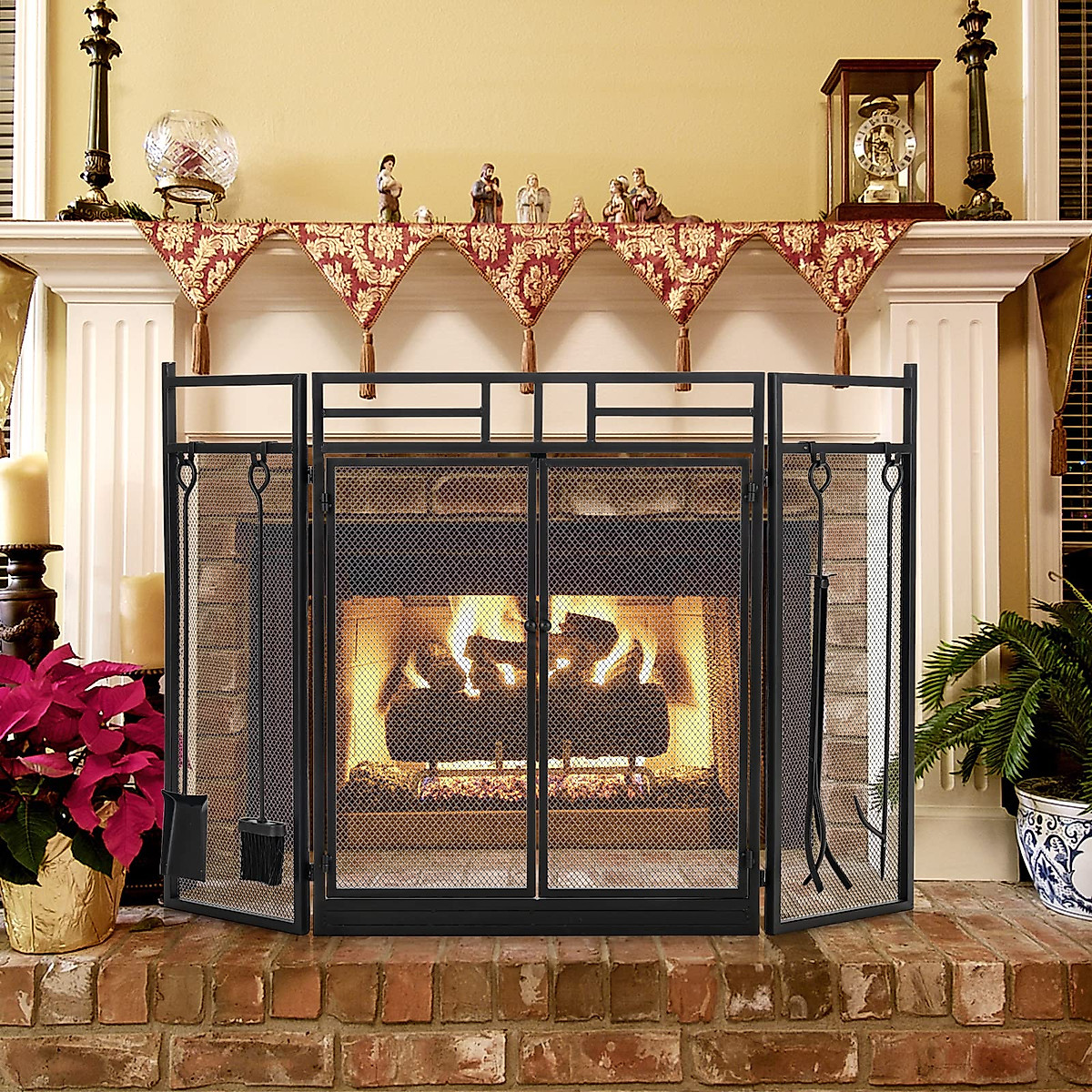 Tangkula 3-Panel Folding Fireplace Screen with Magnetic Hinged Doors, Fire Spark Guard with Fireplace Tools Set, Wrought Iron Decorative Mesh Cover with Wood Burning Stove Accessories, Black