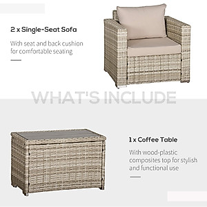 Outsunny 3 Piece Patio Furniture Set, PE Rattan Small Wicker Balcony Furniture, Table & Chairs with Cushions Composite Table, Conversation Set for Apartment, Gray