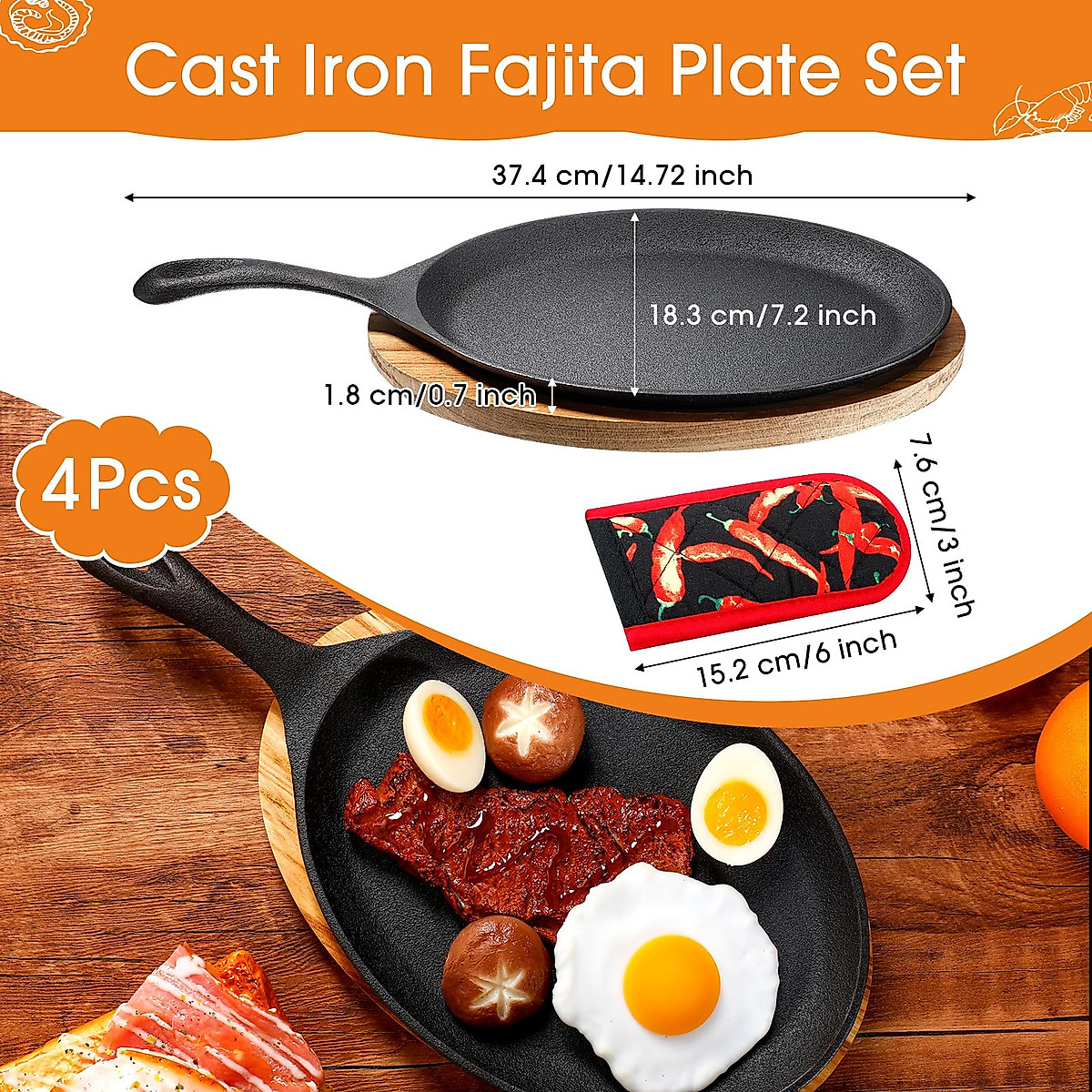 Lallisa 4 Sets Cast Iron Fajita Plate Set Fajita Plate Sizzler Pan with Wooden Tray Anti Scald Protection Hot Mitt Cast Iron Skillet Set for Home Barbeque Kitchen Party Restaurant Catering Service