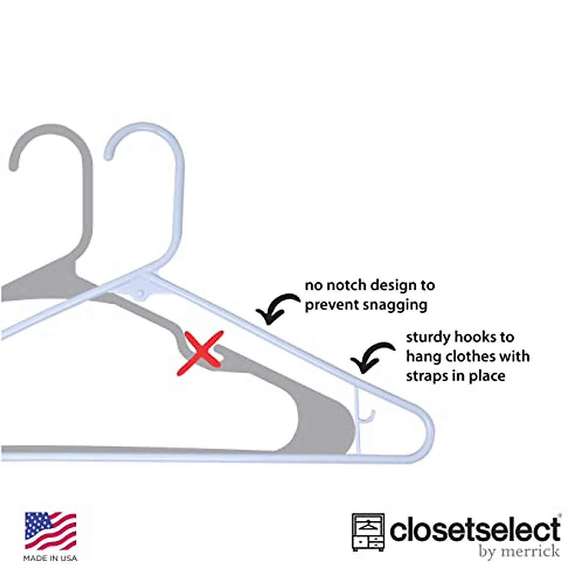 60 Pack White Plastic Hangers Made in USA with Bar Hooks, for All Clothing Types, Closet Organizer, 60 Pk Lightweight Standard Tubular Hanger Notch Less for Organizing